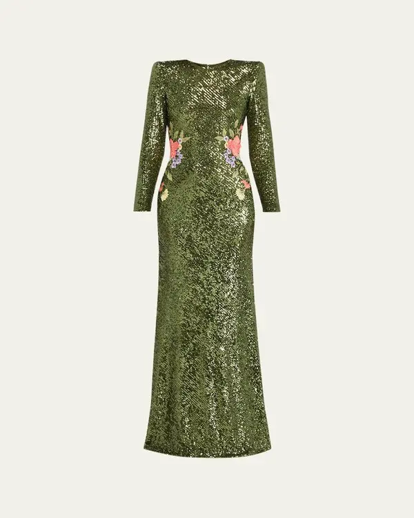 Naeem Khan Sequin-embellished Gown With Floral Embroidery