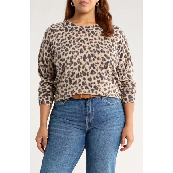Caslon Leopard Print Raglan Wool & Cashmere Sweater