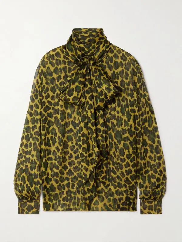 Saint Laurent Leopard-print Silk-mousseline Blouse - Green