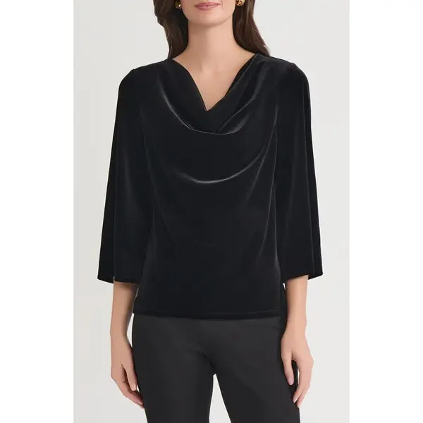 KASPER Cowl Neck Velvet Top - Black