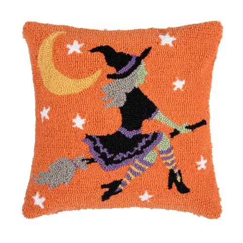 C&F HOME Flying Witch On Broom Moonlight Halloween Hooked Accent Throw Pillow 16" X 16