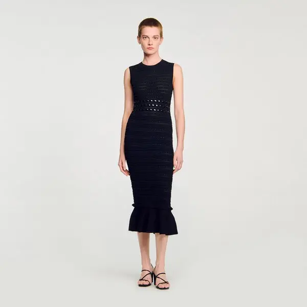 Sandro Pointelle Knit Midi Dress With Studs