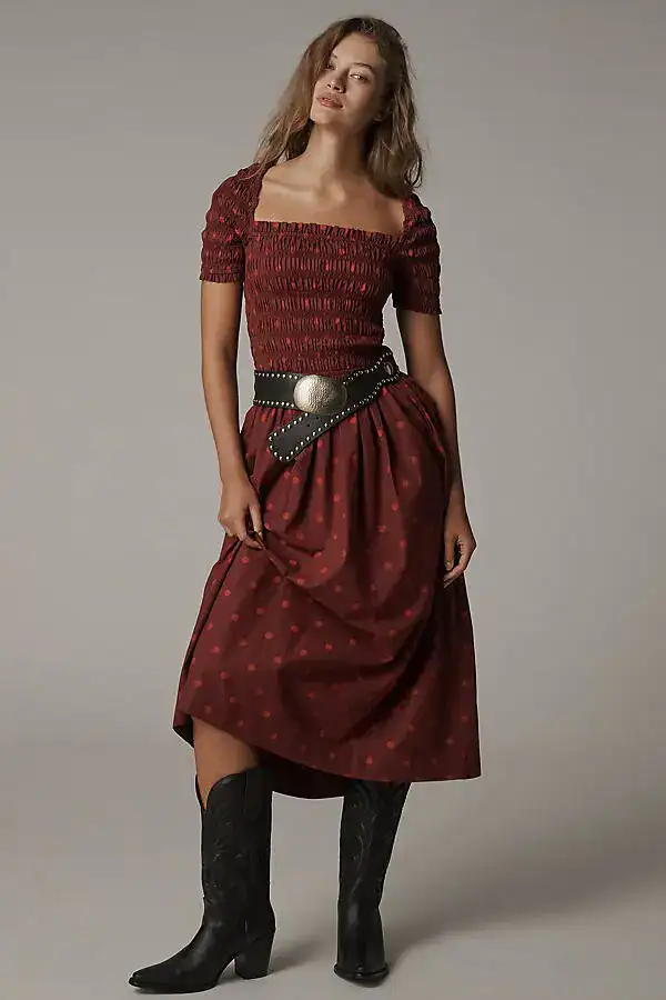 Damson Madder Malda Smocked Midi Dress In Burgundy Dot - 37% Off |  Editorialist