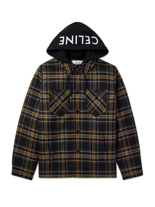 Celine Logo-Print Jersey And Checked Cotton-Flannel Hooded