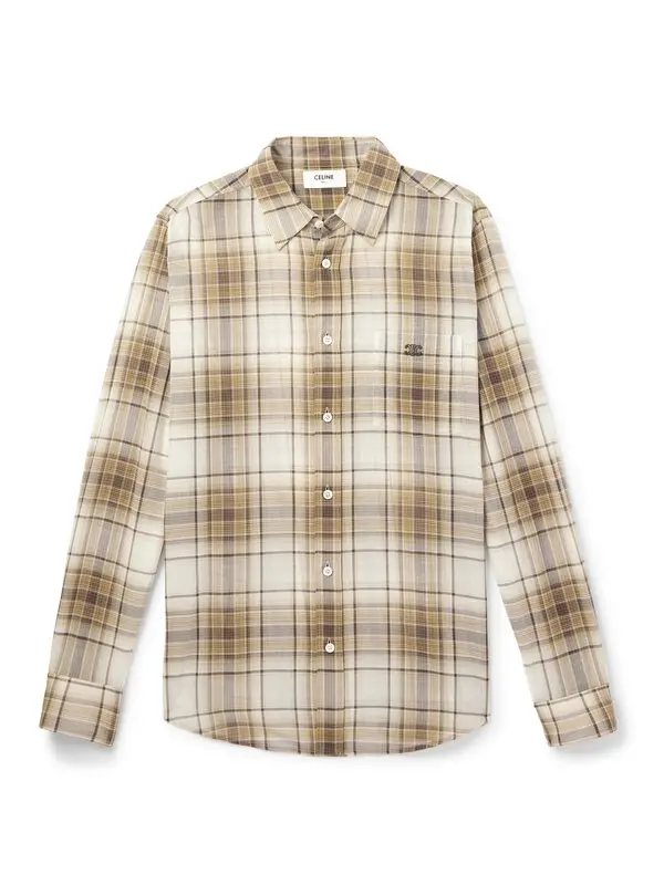 Celine Logo-embroidered Checked Cotton Shirt - Neutrals
