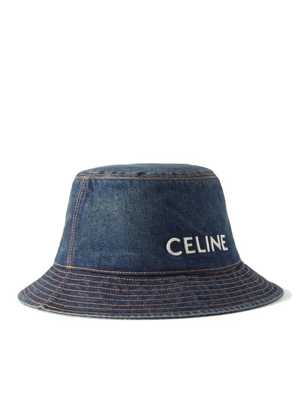 Celine Homme Logo-embroidered Denim Bucket Hat - Blue