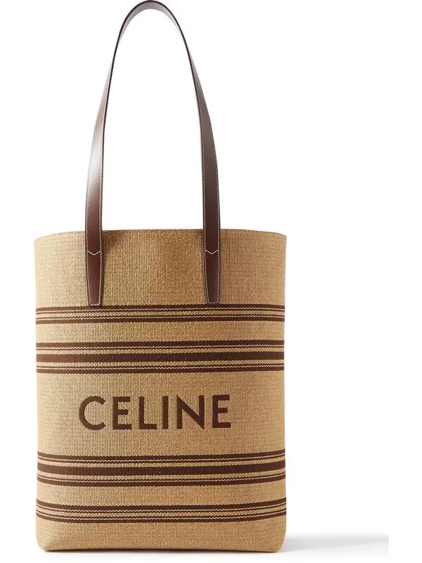 Celine Striped Logo-embroidered Leather-trimmed Raffia Tote - Neutrals