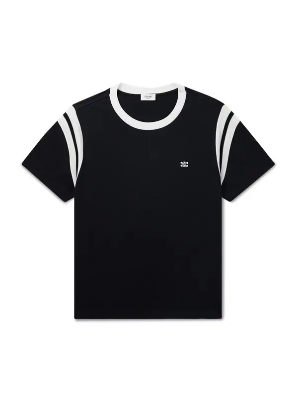 Celine Logo-embroidered Striped Cotton-jersey T-shirt - Black