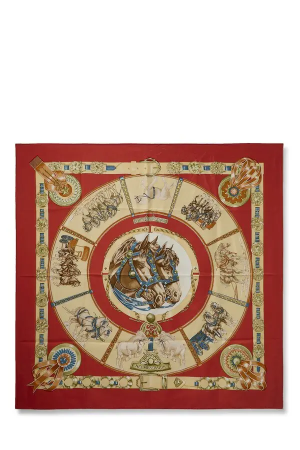 Hermès Multicolor 'chevaux De Trait' Silk Scarf 90 - Orange