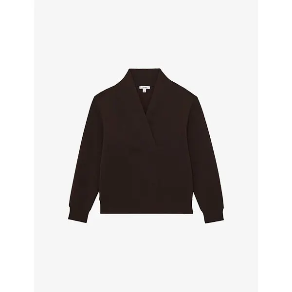 REISS Annabel Shawl-neck Jersey Top - Dark Chocolate