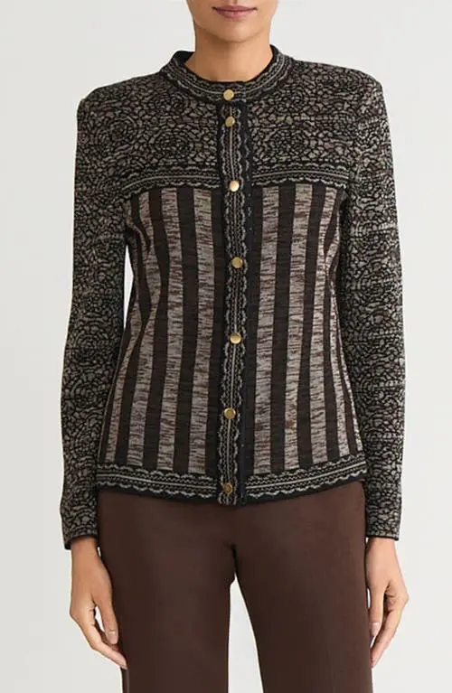 Ming Wang Mosaic Knit Snap-up Sweater Jacket