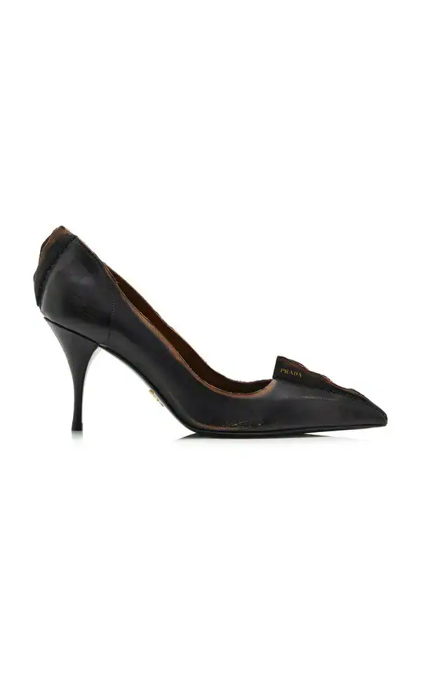 Prada Antiqued Leather Kitten Heel Pumps - Black | Editorialist