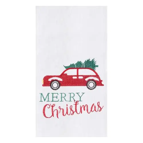 C&F HOME Holiday "merry Christmas" Sentiment Featuring Red Car With Tree Cotton Flour Sack Kitchen Towel 27l X 18w