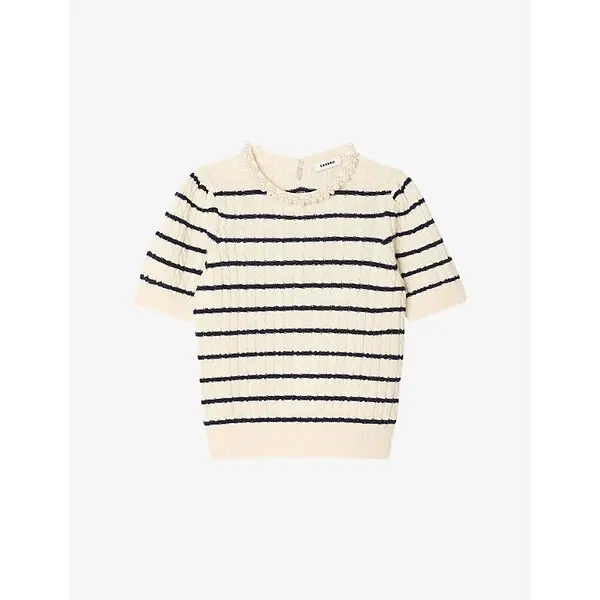 Sandro Pearl-collar Striped Wool And Cashmere-blend Jumper