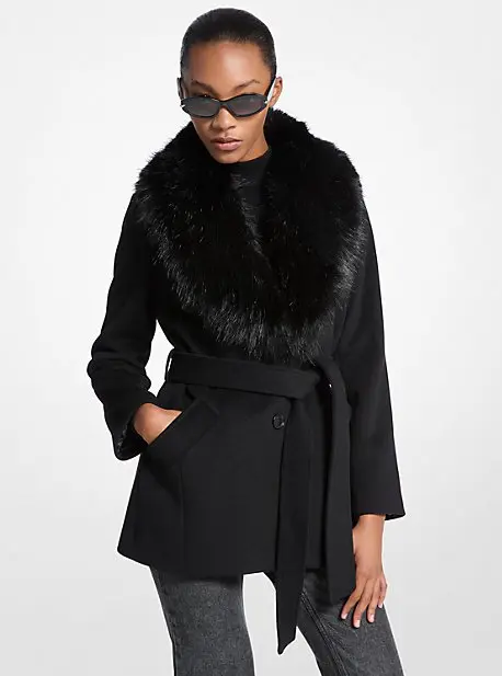 Michael Kors Faux Fur Trim Wool Blend Coat - Black