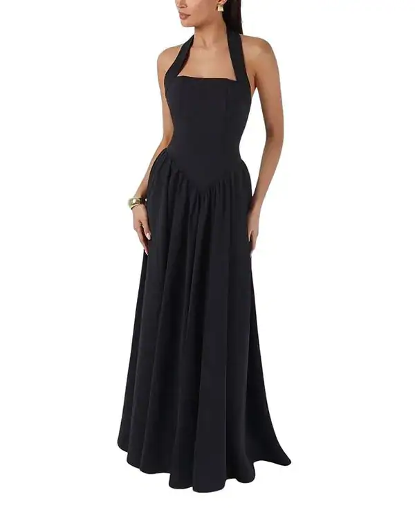 Heiress Beverly Hills Halter Contour Flowy Maxi Dress - Black | Editorialist
