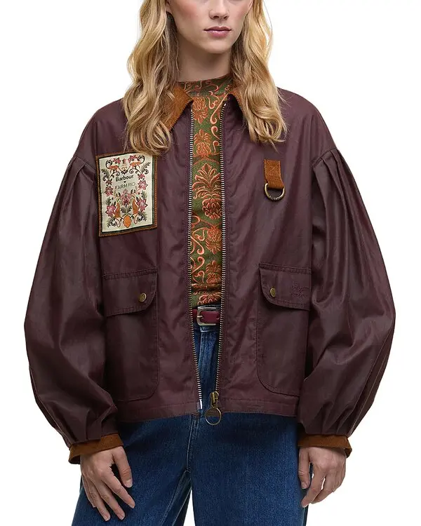 Barbour X Farm Rio Thais Wax Jacket - Bordeaux/cream Heart Print