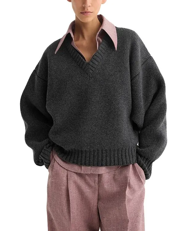 RÓHE Wool Sculptural V-neck Sweater - Mid Grey