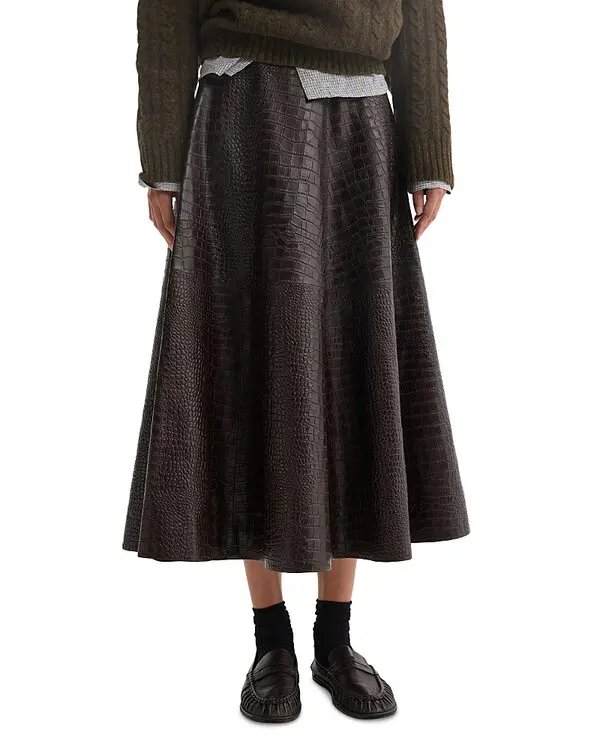 RÓHE A-line Croco Leather Skirt - Mahogany