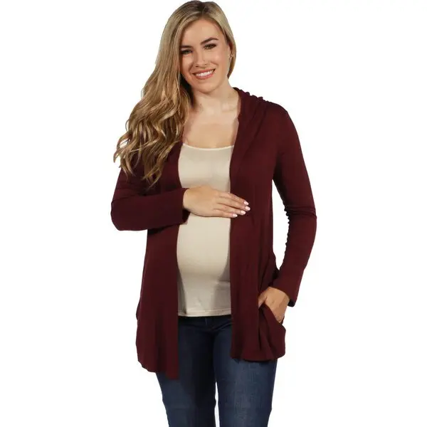 24SEVEN COMFORT APPAREL Open Front Lightweight Hooded Maternity Cardigan