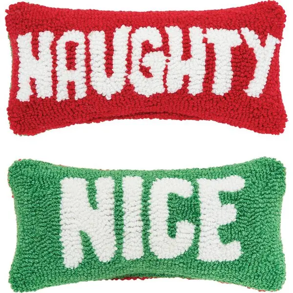 C&F HOME Naughty Nice" Hooked Christmas Mini 2-piece Accent Pillows Set 6" X 12