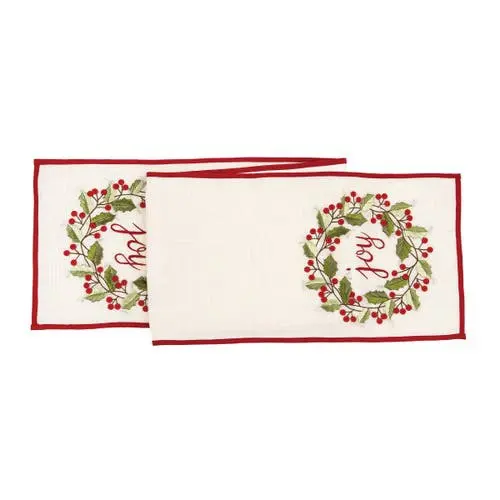 C&F HOME Embordered "joy" Sentiment W/ Holly Berry Wreath On Off White Background W/ Red Trim Cotton Table Runner 14" X 72