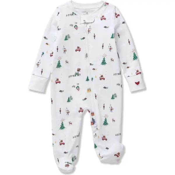 PETITE PLUME Holiday Town Fitted One-piece Pima Cotton Pajamas - White