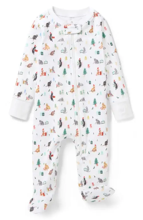 PETITE PLUME Merry Meow Fitted One-piece Pima Cotton Pajamas - White
