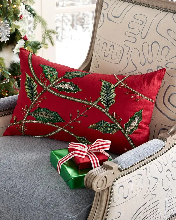 Neiman Marcus Beaded Holly Leaves Classic Christmas Lumbar Pillow, 14" X 22 - One-color