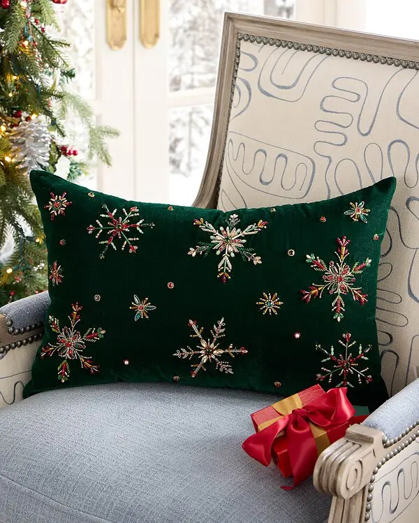 Neiman Marcus Beaded Snowflakes Classic Christmas Lumbar Pillow, 14" X 22 - One-color