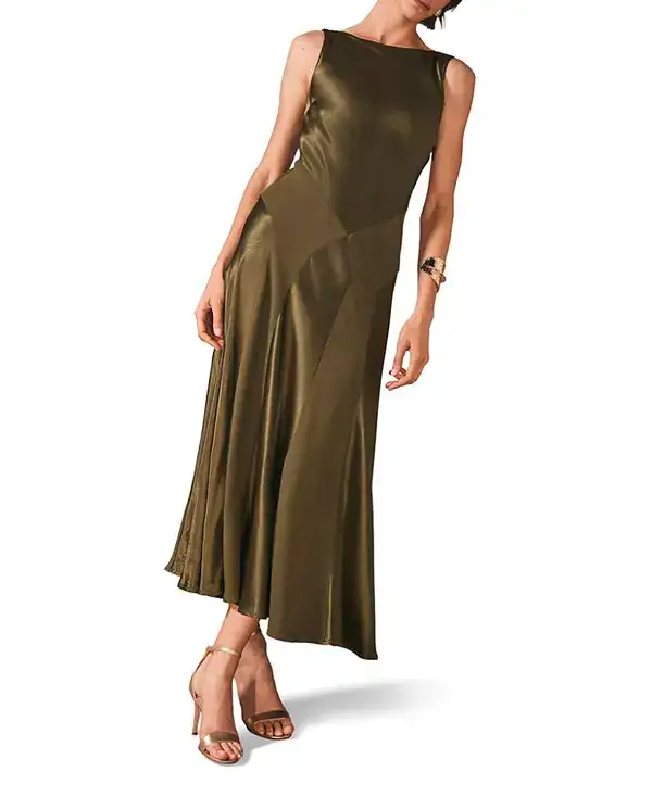 Mint Velvet Paneled Satin Maxi Dress In Green - 40% Off | Editorialist