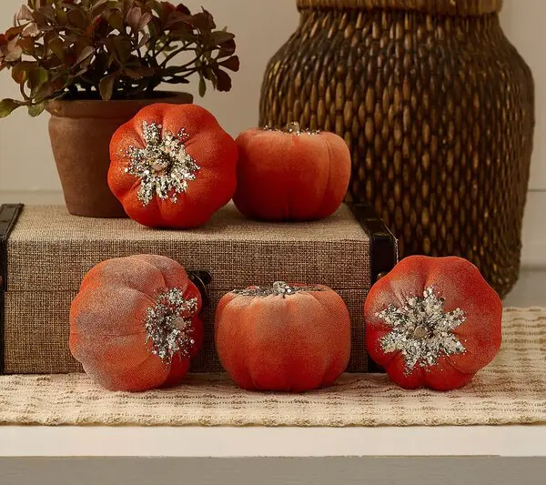 VALERIE PARR HILL As Is Set Of 5 Velvet Glitter Pumpkins Valerie