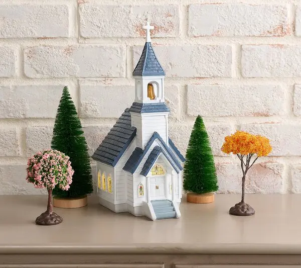 VALERIE PARR HILL As Is Illuminated Church W/ 4 Seasonal Trees- Valerie