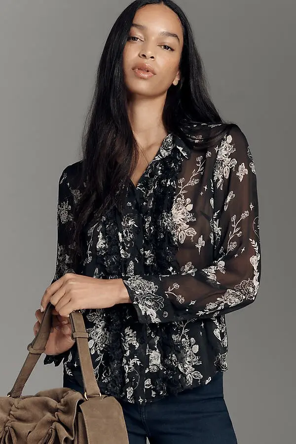 Anthropologie Sheer Ruffled Lace Button-down Blouse