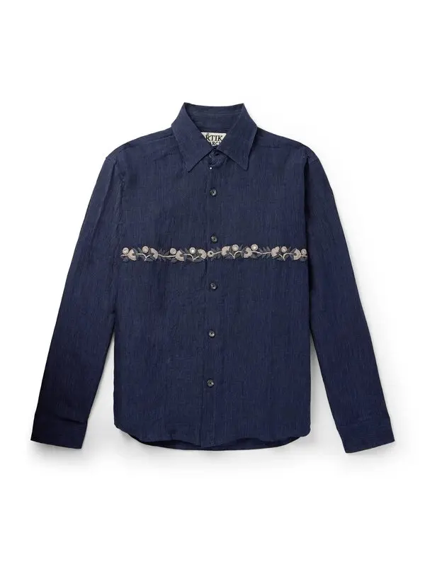 KARTIK RESEARCH Layered Appliquéd Embellished Embroidered Pinstriped Linen Shirt - Blue