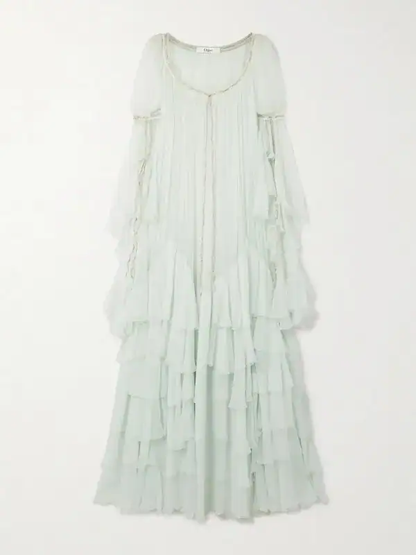 Chlo Tiered Lace-Trimmed Organic Silk-Mousseline Gown In Green - 50% Off |  Editorialist