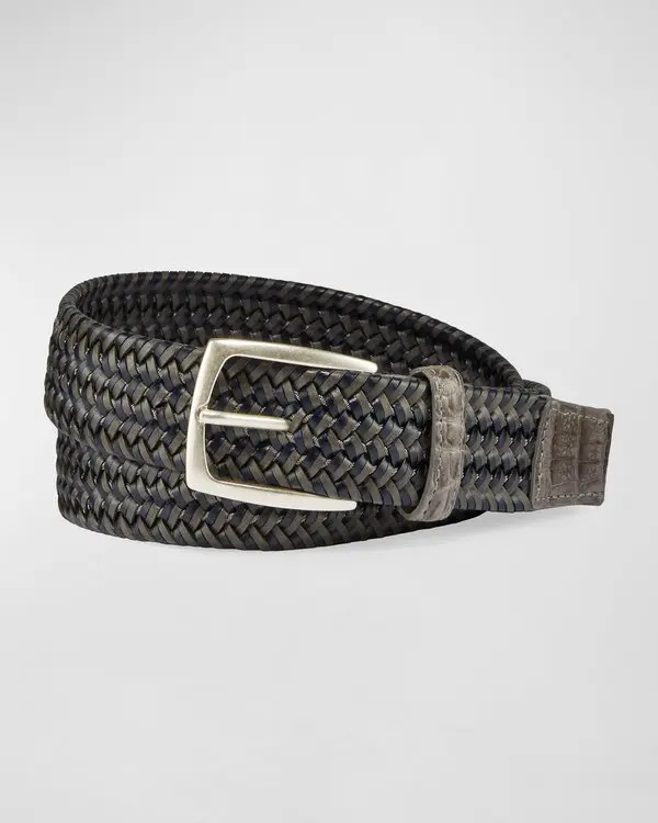 W.KLEINBERG Woven Leather Stretch Belt With Crocodile Trim