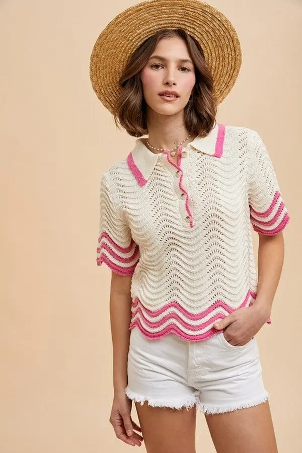 JUPE NYC Mari Striped Wave Pointelle Sweater