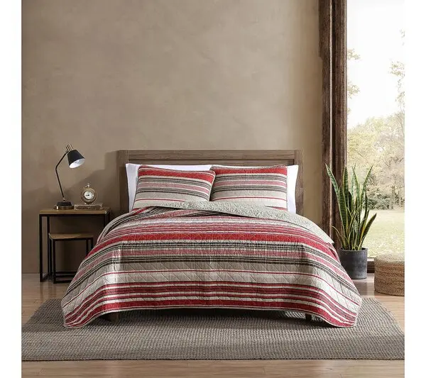 Eddie Bauer Yakima Valley Stripe Red Cotton Kin G Quilt Set