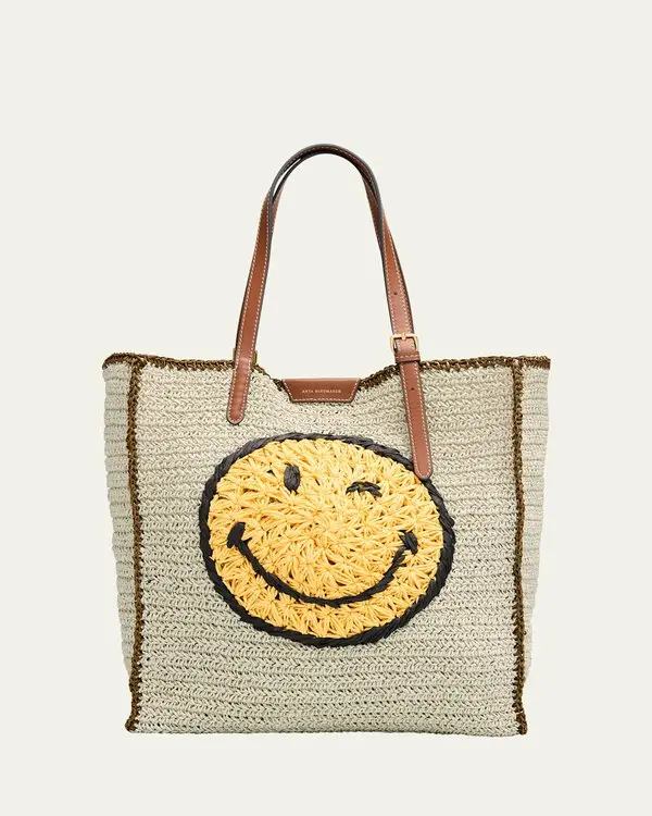 ANYA HINDMARCH Embroidered Raffia Tote Bag - Steam