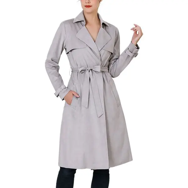 KIMI + KAI Faux Suede Trench Coat With Self-tie Belt - Gray