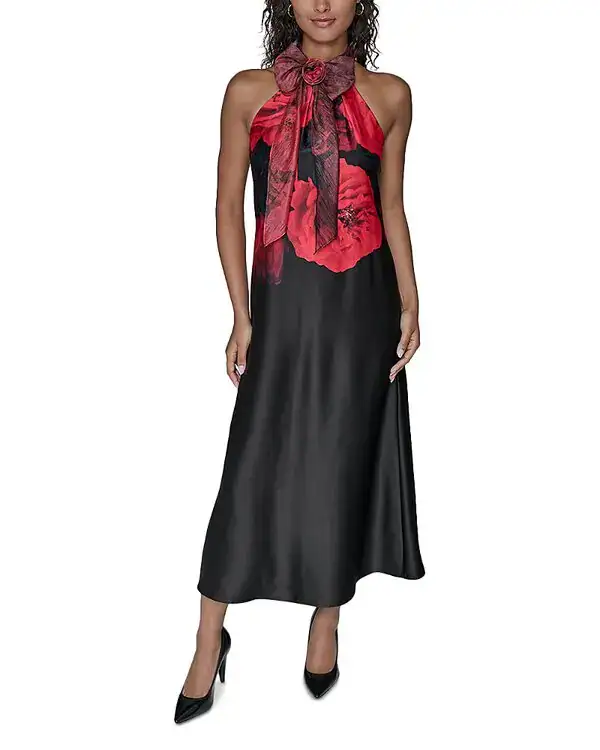 open lace back dress Black Multi Long Sleeve Ditsy Floral Chiffon Midi Dress main image 0