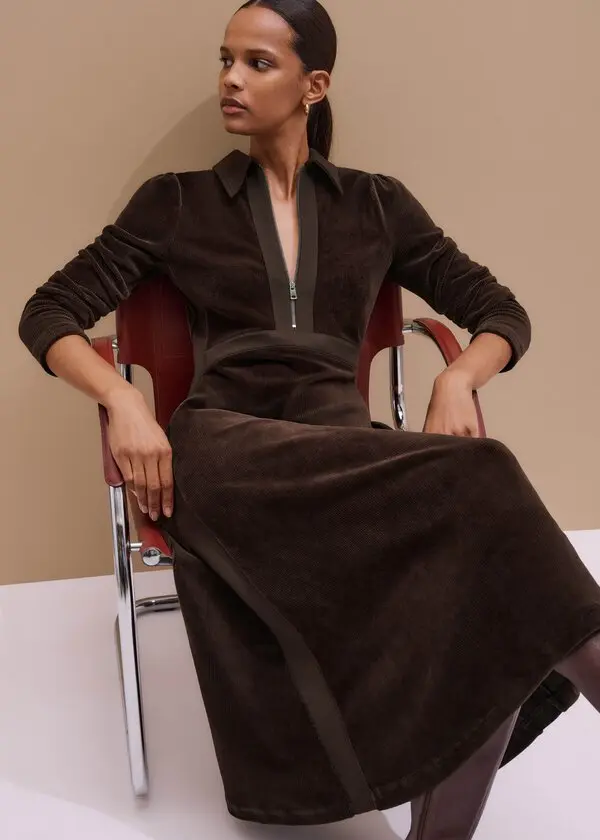 ME+EM Ponte Collared Cord Velour Midi Dress - Warm Chocolate