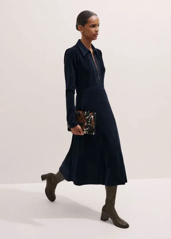 ME+EM Ponte Collared Cord Velour Midi Dress - Navy