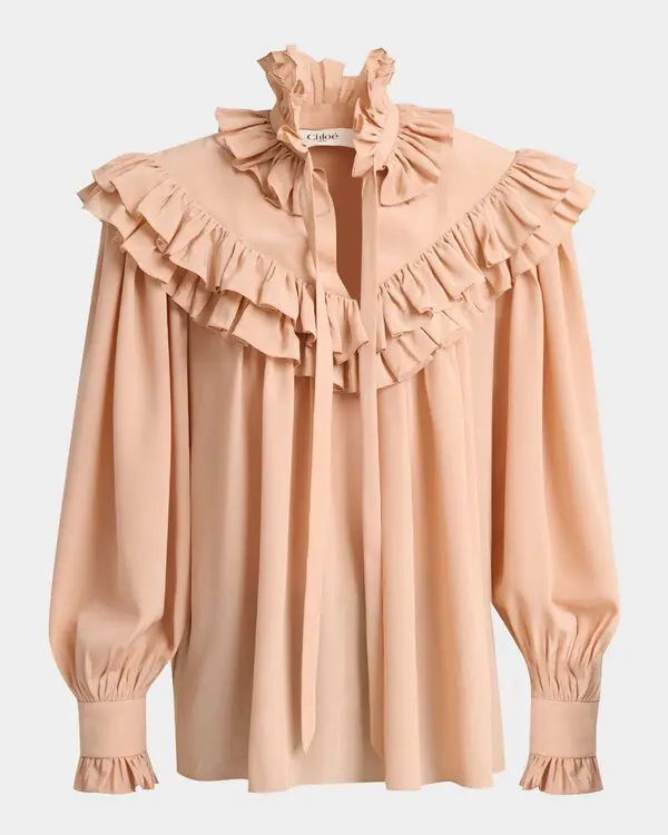 Chloé Ruffle-yoke Silk Blouse - Sand Brown