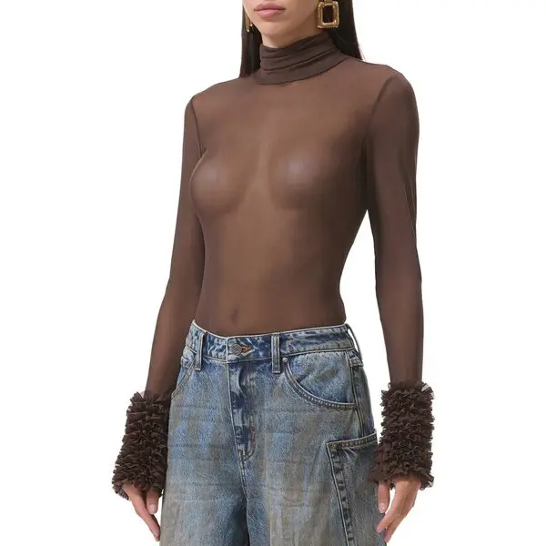 AFRM Helena Ruffle Trim Mesh Shirt - Espresso
