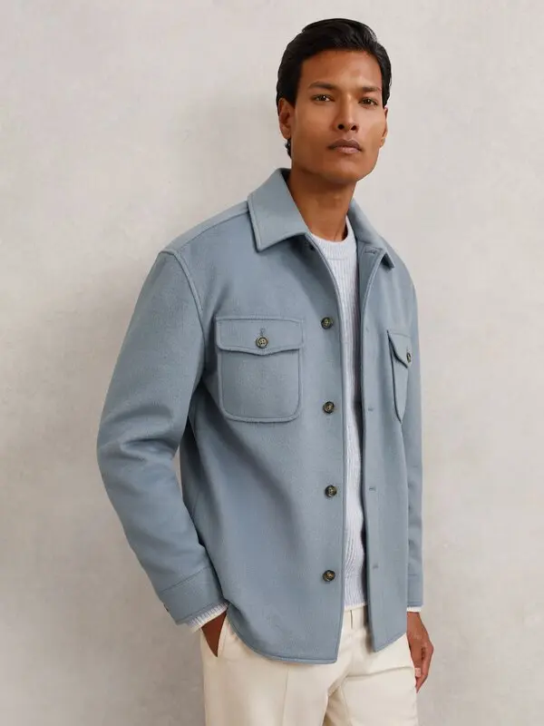 REISS Liam Wool-blend Twin-pocket Overshirt - Soft Blue