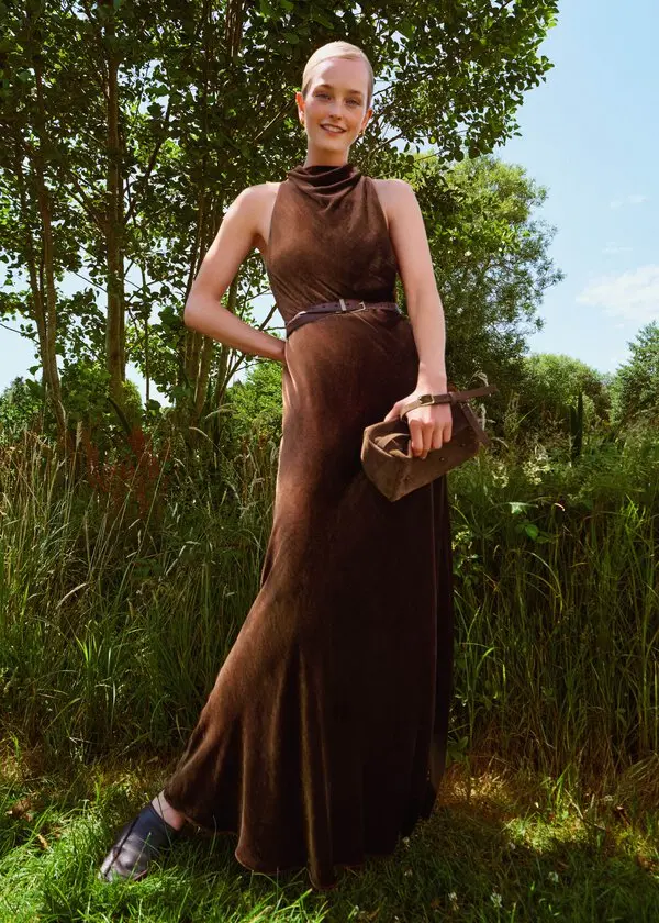ME+EM Silk Blend Velvet Draped Full Length Dress - Burnt Caramel