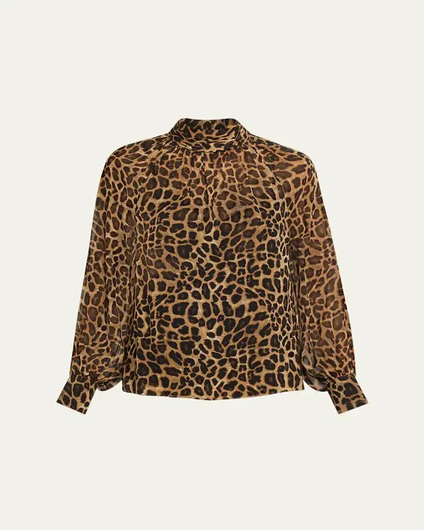 Veronica Beard Alyssa Leopard Silk Chiffon Blouse - Dark Acorn