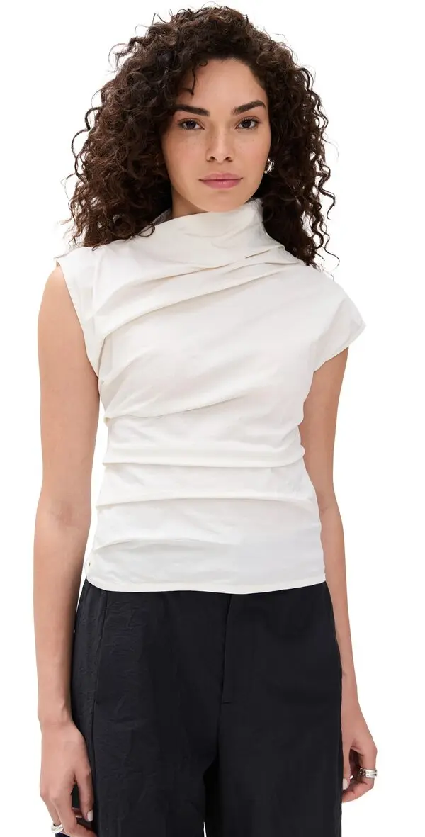 GANNI Stretch Cotton Ruched Top - Egret